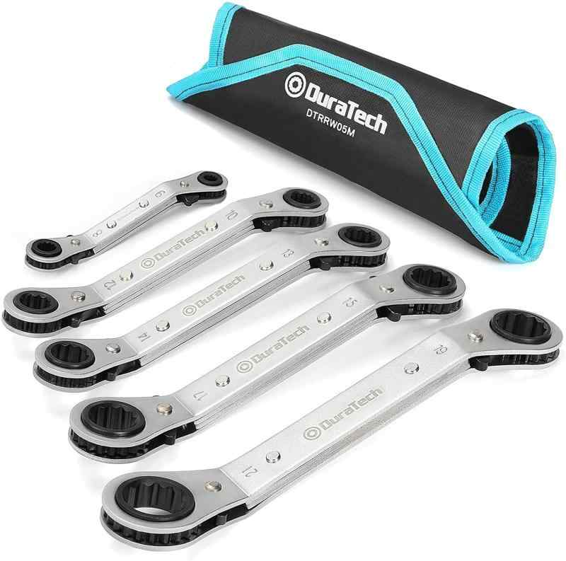 DURATECH メガネレンチセット アングルラチェットレンチセット ラチェットレンチ メガネレンチ レンチセット 方向切替可 6x8mm 10x12mm 13x14mm 15x17mm 19x21mm 自動車修理 収納バッグ付属 5本組【...