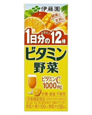 商品名 伊藤園　ビタミン野菜 紙パック　200ml　24本入 内容量 200ml×24本 原材料名 野菜（にんじん、レッドビート、有色甘藷、レタス、赤ピーマン、インゲン豆、ケール、ピーマン、白菜、ブロッコリー、セロリ、アスパラガス、かぼちゃ...