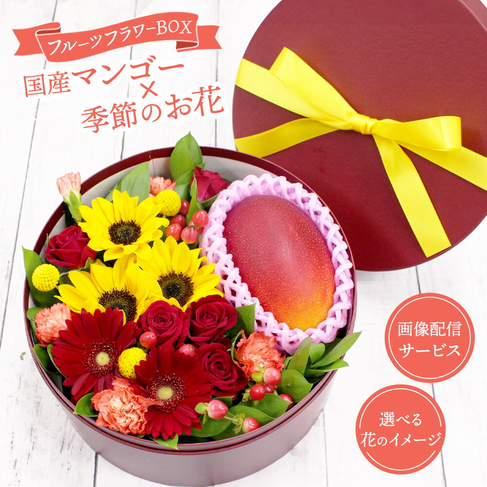 商品 フルーツフラワーボックス 内容物 旬のフルーツ・季節のお花 サイズ：直径約24cm 高さ約13.5cm 発送時期 3営業日以降でご指定いただけます。 特徴 ありそうでなかったお花と果物の見た目も華やかなフルーツギフト。 蓋を開けたとた...