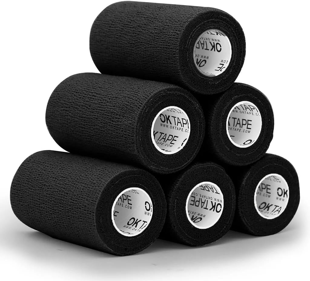 OKTAPE 自己粘着包帯 伸縮 幅10cm 弾性包帯 テープ 自着性 テーピング 手で切れる くっつく スポーツバンテージ 伸縮包帯 手首 足 ペット用など ((長さ4.5m/巻, 6巻入り, ブラック) 【自着性】 OKTAPE-122...
