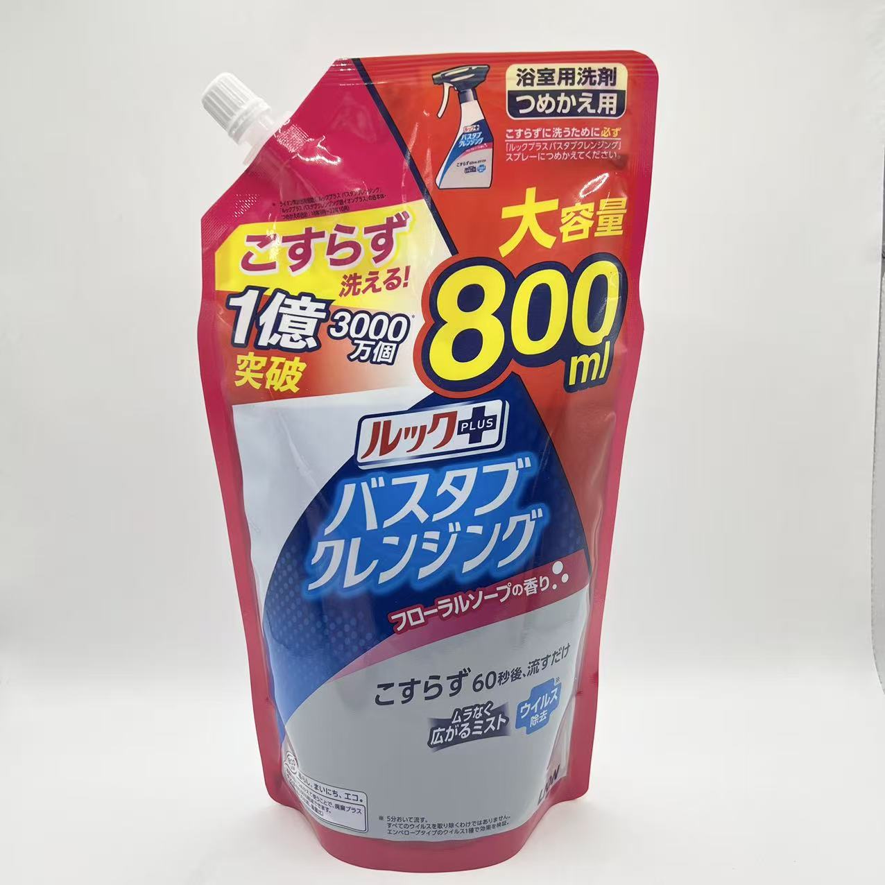 浴槽全体にシューーーーッとミストを吹きかけ、60秒後にシャワーで流すだけで、浴槽をこすらずに洗える新方式の浴室用洗剤。 ●たっぷりお得な大型サイズ(800ml)。通常の詰め替え約2個分