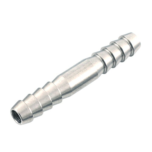 エアー配管用ホース継手です。エアー配管継手(両口ホース継手)ゴム・ウレタンホース同士の接続に適した両口ホース継手です。サビに強いステンレス製です。 サイズ：幅9×高さ57.5×奥行き9mm 重量：14.8g ホース口：9mm(両側)適用流体...