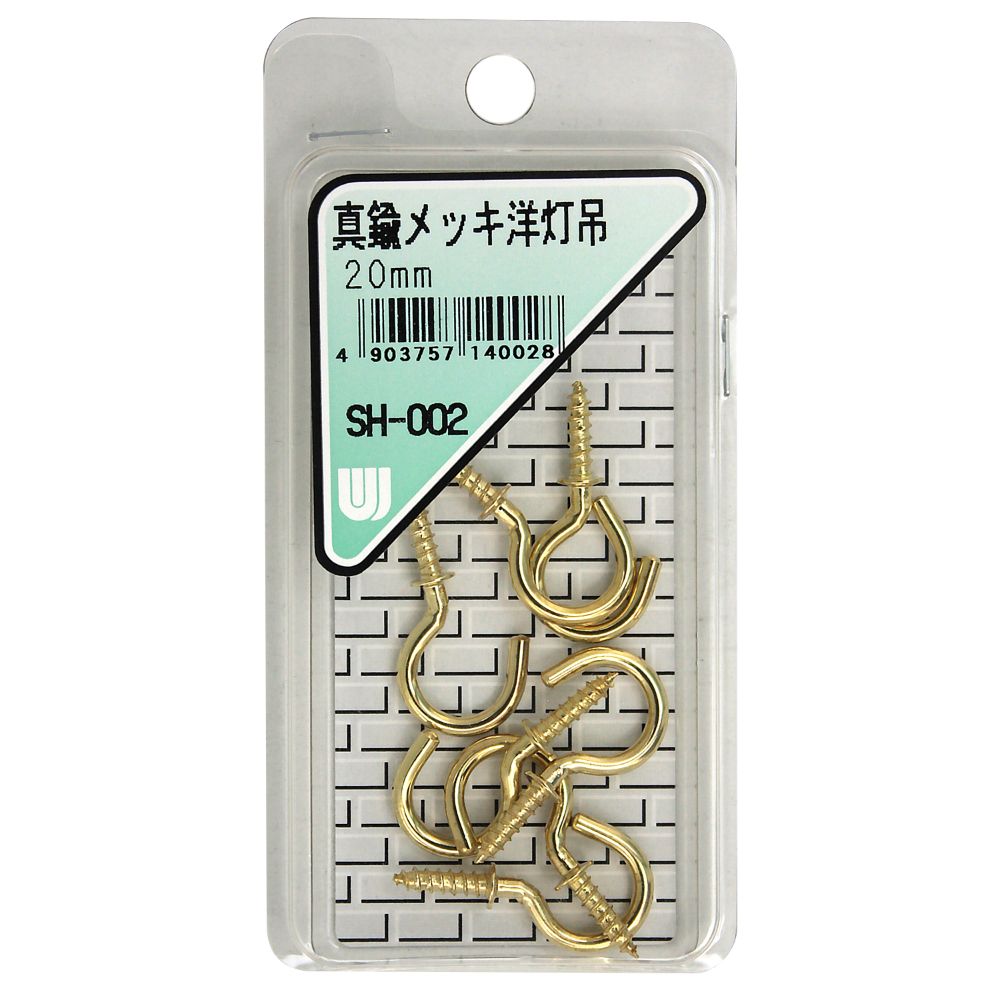 木部用で小物などを吊るすのに、木部にネジ込んで取付ける金具です。線径(mm)：2.5A(mm)：20B(kg)：6.5C(mm)：14鉄(真鍮メッキ)