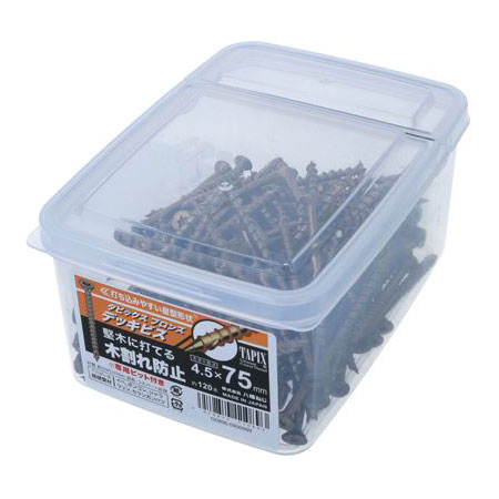 【特長】 材質は鉄で、ラスパート処理（木になじむブロンズ色）。先端特殊加工により、木割れしにくい。また十字頭と比べて力が加わりやすい星型形状となっており打ち込みがスムーズです。 【用途】 デッキ材などの硬い木や端部への打ち込みに最適。 【材...