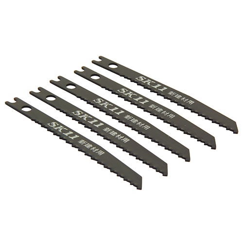 ベークライト・塩ビの切断に。 ●マキタ・日立・B&D・リョービ兼用 ●5枚入 ●全長：80mm ●山数(インチ当り)：14 ●切断能力：塩化ビニール：3.0～20mm・ベークライト：3.0～12mm・窯業サイディング：5.0～20mm ※不...