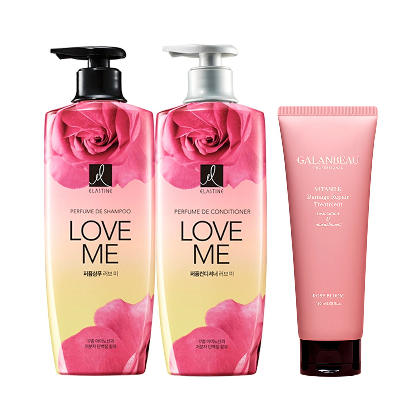 -- 商品詳細 -- 商品名 Elastine Loveme シャンプー1本 & リンス1本 + ガランビュー トリートメント 180ml (Rose bloom 香) 1本100ml 内容量 シャンプー&リンス 600ml トリートメント...