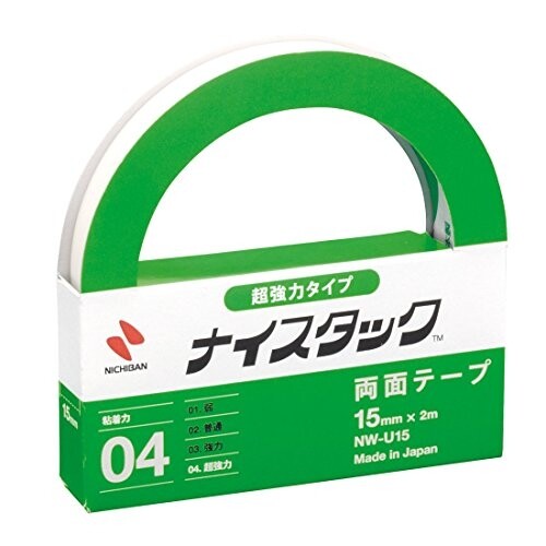 商品名ニチバン ナイスタック 超強力 NWーU15 NW-U15説明フックやネームプレートの取り付けにおすすめの超強力タイプ。●両面テープ●寸法:幅15mm×長2m●テープ厚:0.62mm●基材:アクリルフォーム●粘着剤:アクリル系●はく離...