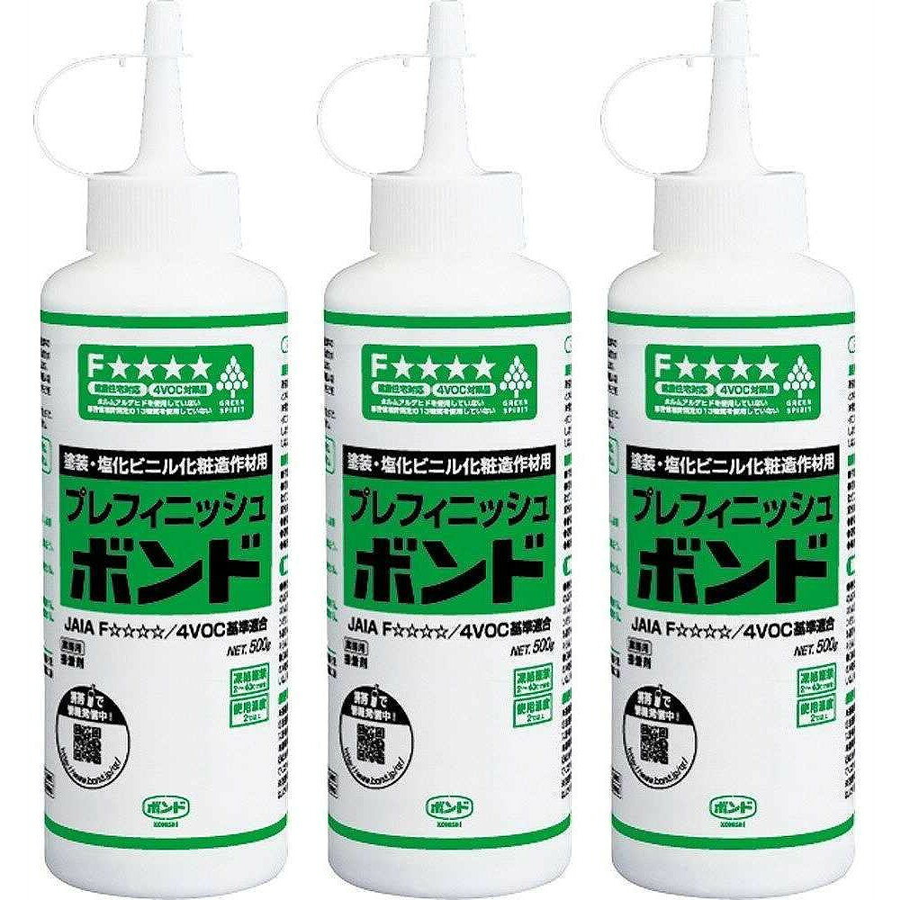 コニシ - ボンド プレフィニッシュボンド (500g) 特長 ●健康住宅対応、水性、作業性、硬化後透明。●内装造作用・建具用。●巾木・まわり縁・階段各部・玄関框・枠付建具などの接着。●塗装木材・塩ビ化粧材など各種合成木材と木材・合板・木質...