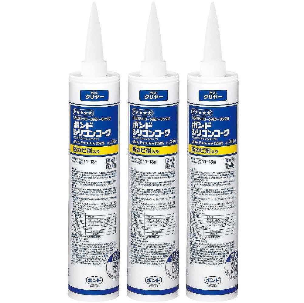 コニシ - ボンド シリコンコーク 防カビ剤入 クリヤー(330ml) 特長 ●防カビ剤入。●弾力性あり。●高耐水性、耐熱性、耐寒性、耐久性、耐候性。●塗装不可。●防カビ剤入りで、とくに水まわりの用途に適している。●建物のガラスやサッシまわ...