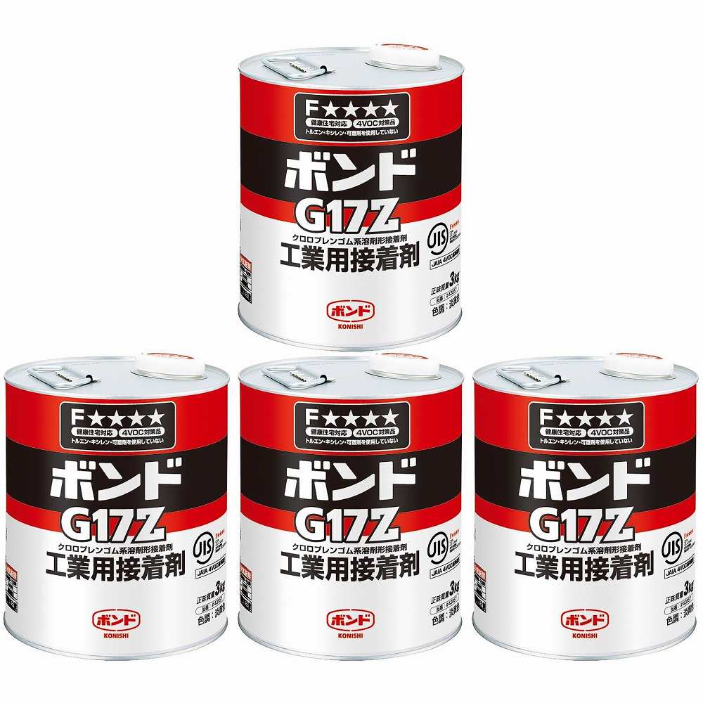 コニシ - ボンド G17Z 缶(3kg) 特長 ●健康住宅対応、速乾、強力、耐衝撃、仮止不要、用途広い。●トルエン・キシレン・可塑剤を使用していない。●合成ゴム・皮革・金属板・布・木・陶磁器・硬質プラスチックの強力接着に。●前記の材料と木...