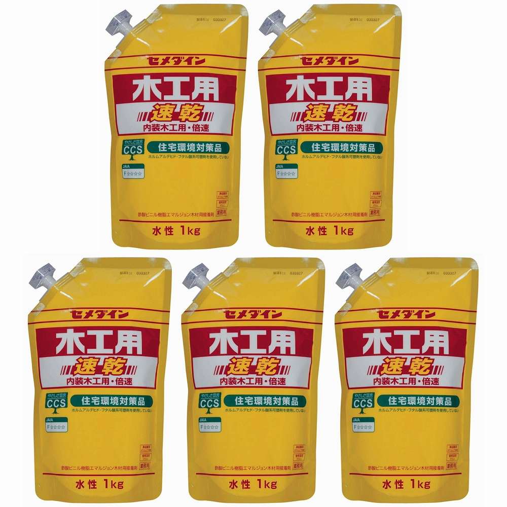 用途木工事・造作工事用の水性接着剤。接着力、耐久性に優れた木工用接着剤です。そのままでも、詰め替えても使えるキャップ付きスタンドパックです。省ゴミ容器です。仕様1●内容量：1kg。●色：乾燥後透明。●ホルムアルデヒド放散等級区分：Fフォース...