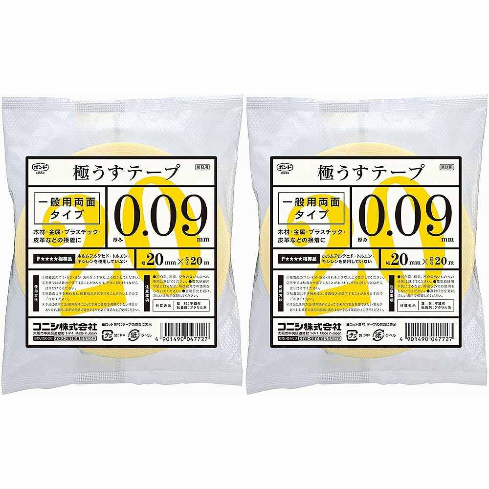 コニシ - ボンド 極うすテープ(20mm×20m) 特長 ●厚み0.09mmの超極うす両面テープ。●手で簡単に切れる。●木材、金属、プラスチック、皮革などの固定に。 仕様 ●成分：アクリル樹脂系エマルジョン形 ご注意 ●用途以外には使用し...