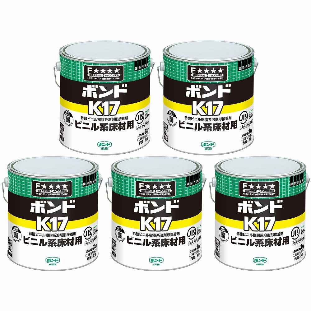 コニシ - ボンド K17 ビニル系床材用 缶(3kg) 特長 ●健康住宅対応、初期粘着大、速乾、塗布性良好。●ビニル床タイル・塩化ビニル樹脂系長尺床材・パーケット・木質フロア材などと、コンクリート・モルタル・合板などとの接着。 仕様 ●成...