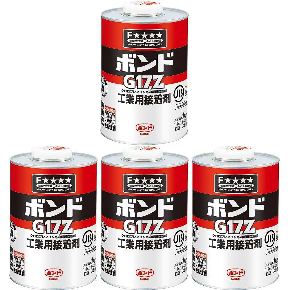 コニシ - ボンド G17Z 缶(1kg) 特長 ●健康住宅対応、速乾、強力、耐衝撃、仮止不要、用途広い。●トルエン・キシレン・可塑剤を使用していない。●合成ゴム・皮革・金属板・布・木・陶磁器・硬質プラスチックの強力接着に。●前記の材料と木...