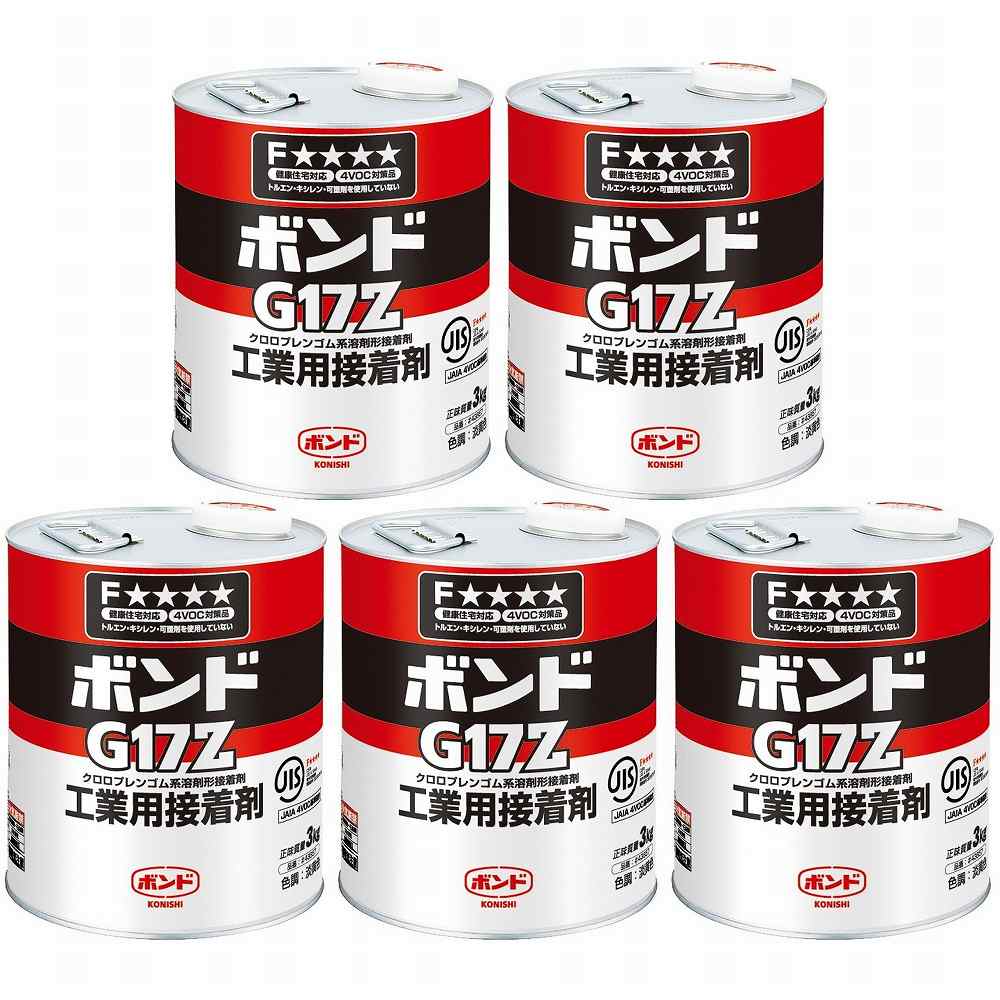コニシ - ボンド G17Z 缶(3kg) 特長 ●健康住宅対応、速乾、強力、耐衝撃、仮止不要、用途広い。●トルエン・キシレン・可塑剤を使用していない。●合成ゴム・皮革・金属板・布・木・陶磁器・硬質プラスチックの強力接着に。●前記の材料と木...