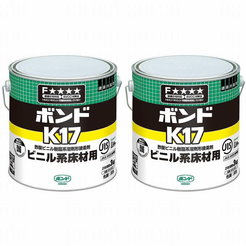 コニシ - ボンド K17 ビニル系床材用 缶(3kg) 特長 ●健康住宅対応、初期粘着大、速乾、塗布性良好。●ビニル床タイル・塩化ビニル樹脂系長尺床材・パーケット・木質フロア材などと、コンクリート・モルタル・合板などとの接着。 仕様 ●成...