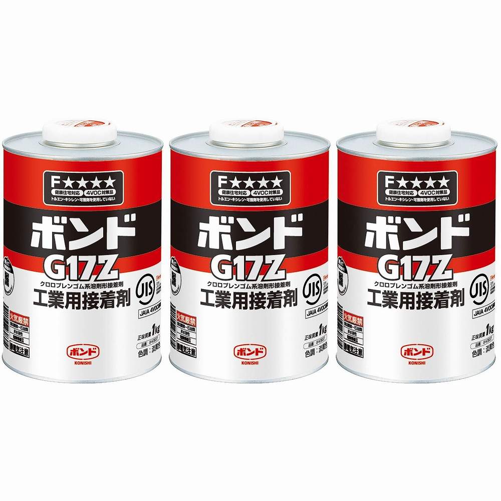 コニシ - ボンド G17Z 缶(1kg) 特長 ●健康住宅対応、速乾、強力、耐衝撃、仮止不要、用途広い。●トルエン・キシレン・可塑剤を使用していない。●合成ゴム・皮革・金属板・布・木・陶磁器・硬質プラスチックの強力接着に。●前記の材料と木...