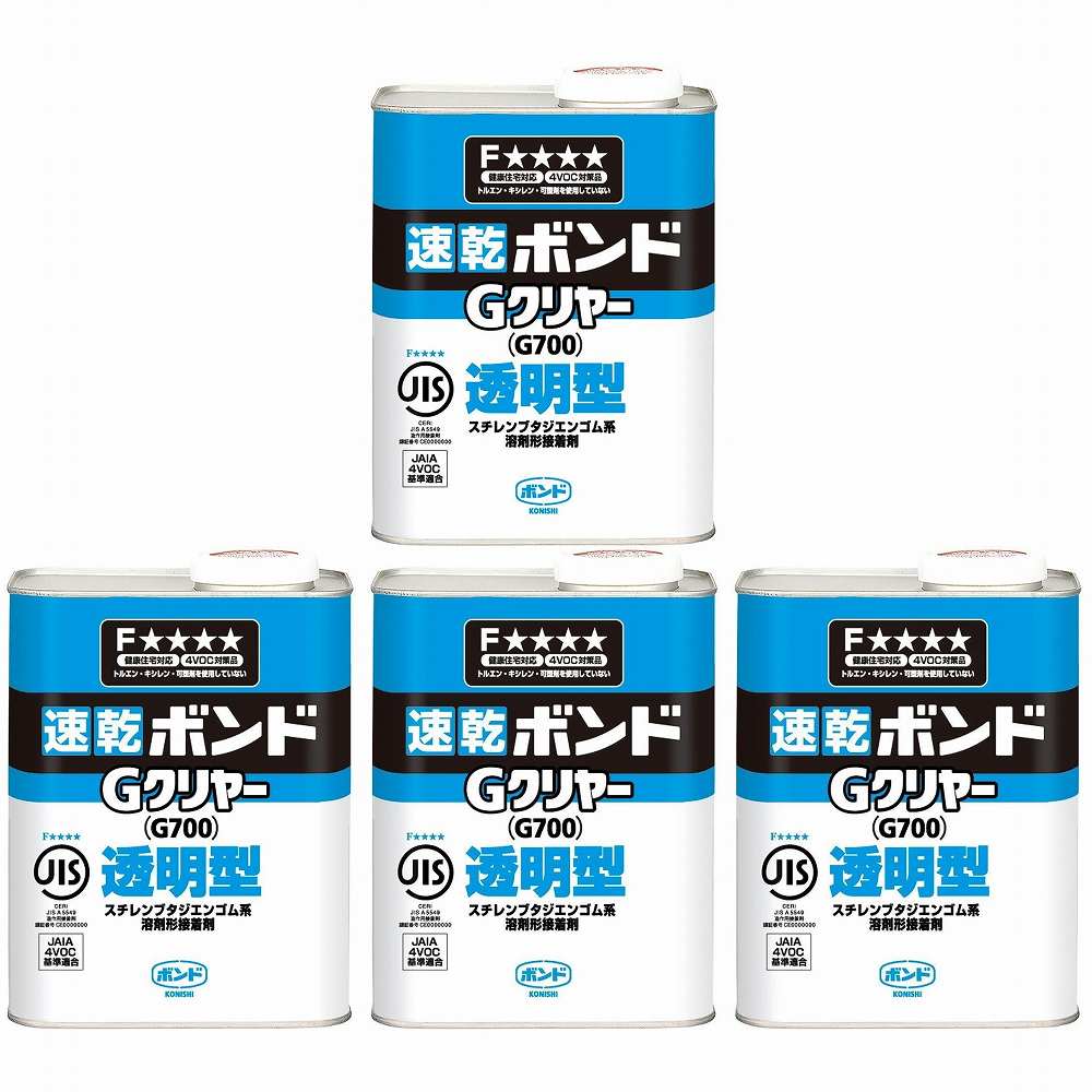 コニシ - ボンド Gクリヤー 缶(1kg) 特長 ●健康住宅対応、透明、速乾、柔軟性、仮止不要、用途広い。●カーペット裏ゴムの接着。●家具やバッグの革貼り。●装飾小物の製作。 仕様 ●成分：SBR系溶剤形 ご注意 ●用途以外には使用しない...