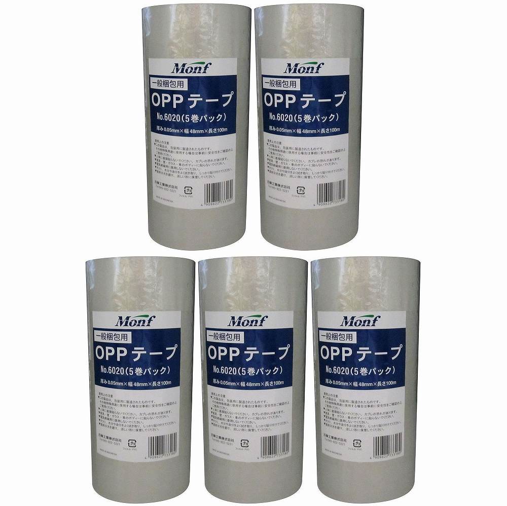 古藤工業 - Monf OPP粘着テープ クリア NO.6020(48mm×100m) 5P 特長 ●クリアタイプのOPPテープの5巻パックタイプです。●ダンボールの封緘、一般梱包、軽包装に適してます。 仕様 ●粘着剤：アクリル系●基材：P...