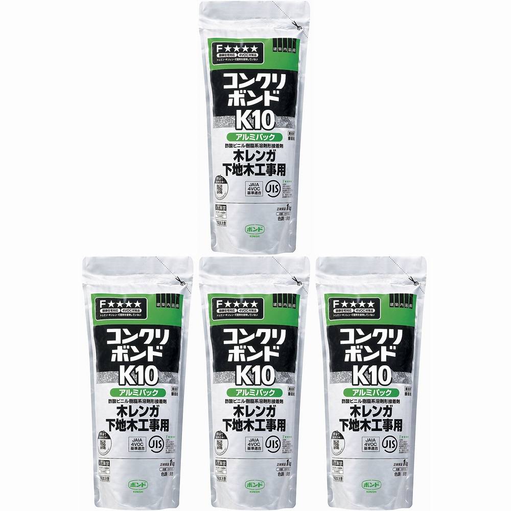 コニシ - ボンド コンクリボンドK10(1kg) 特長 ●健康住宅対応、釘不要、高粘度、初期接着強、発泡スチロールOK。●コンクリート・スレートと発泡スチロール、木レンガ、木、タイル、各種ボードの接着。●モルタル・コンクリートと木レンガ、...