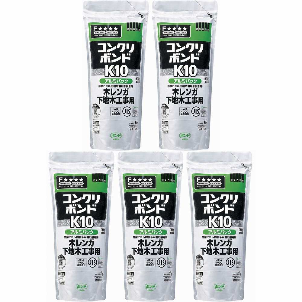 コニシ - ボンド コンクリボンドK10(1kg) 特長 ●健康住宅対応、釘不要、高粘度、初期接着強、発泡スチロールOK。●コンクリート・スレートと発泡スチロール、木レンガ、木、タイル、各種ボードの接着。●モルタル・コンクリートと木レンガ、...