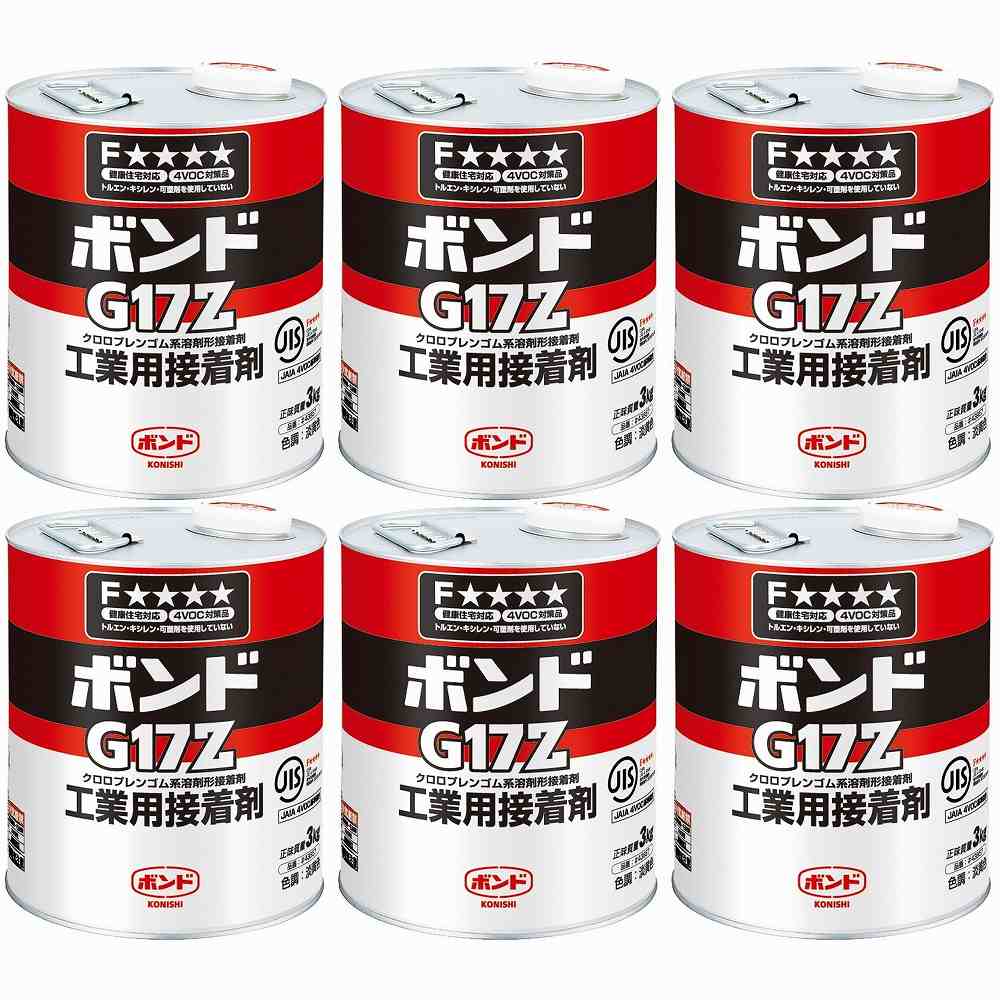 コニシ - ボンド G17Z 缶(3kg) 特長 ●健康住宅対応、速乾、強力、耐衝撃、仮止不要、用途広い。●トルエン・キシレン・可塑剤を使用していない。●合成ゴム・皮革・金属板・布・木・陶磁器・硬質プラスチックの強力接着に。●前記の材料と木...