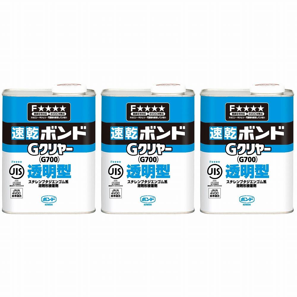 コニシ - ボンド Gクリヤー 缶(1kg) 特長 ●健康住宅対応、透明、速乾、柔軟性、仮止不要、用途広い。●カーペット裏ゴムの接着。●家具やバッグの革貼り。●装飾小物の製作。 仕様 ●成分：SBR系溶剤形 ご注意 ●用途以外には使用しない...