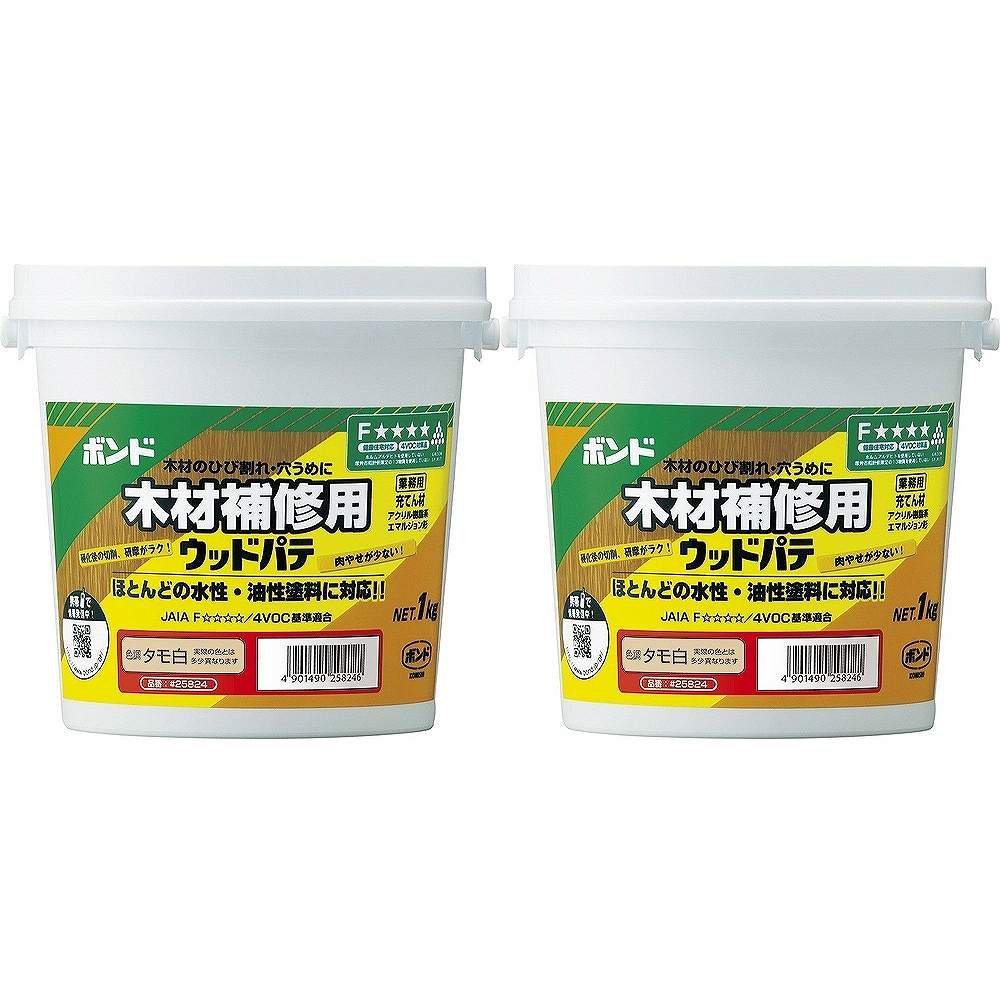 コニシ - ボンド 水性ウッドパテ タモ白 プラ缶(1kg) 特長 ●健康住宅対応。●水性。●ネジ・釘が打てる。●ほとんどの塗料に対応。●乾いても凹みが少ない。●硬化後の切削・研磨がラク。●木部の節目、釘・ネジ穴、あてキズ、スキ間の充てん。...