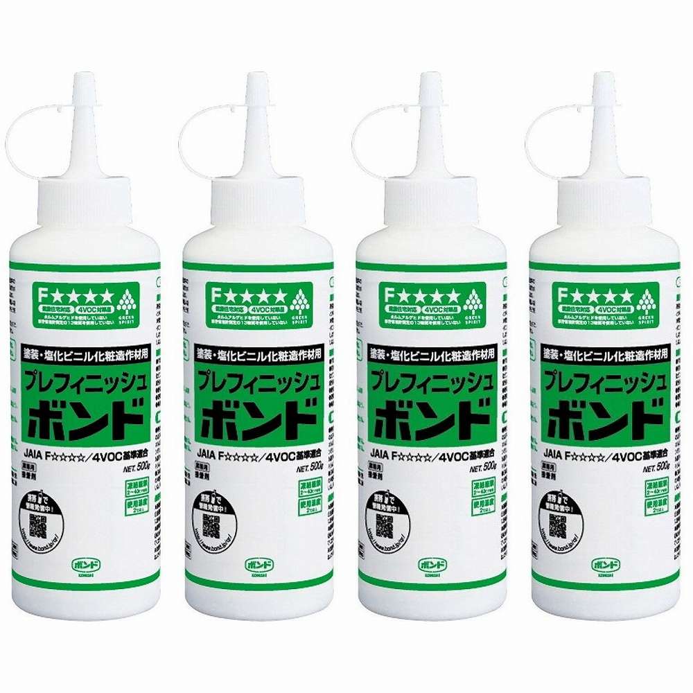コニシ - ボンド プレフィニッシュボンド (500g) 特長 ●健康住宅対応、水性、作業性、硬化後透明。●内装造作用・建具用。●巾木・まわり縁・階段各部・玄関框・枠付建具などの接着。●塗装木材・塩ビ化粧材など各種合成木材と木材・合板・木質...