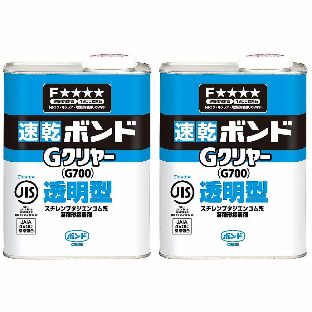 コニシ - ボンド Gクリヤー 缶(1kg) 特長 ●健康住宅対応、透明、速乾、柔軟性、仮止不要、用途広い。●カーペット裏ゴムの接着。●家具やバッグの革貼り。●装飾小物の製作。 仕様 ●成分：SBR系溶剤形 ご注意 ●用途以外には使用しない...