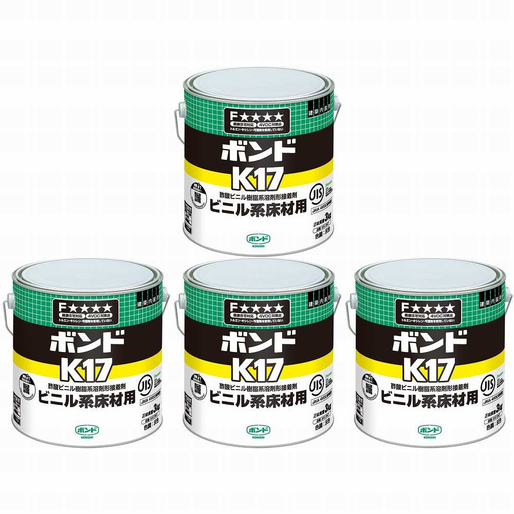 コニシ - ボンド K17 ビニル系床材用 缶(3kg) 特長 ●健康住宅対応、初期粘着大、速乾、塗布性良好。●ビニル床タイル・塩化ビニル樹脂系長尺床材・パーケット・木質フロア材などと、コンクリート・モルタル・合板などとの接着。 仕様 ●成...