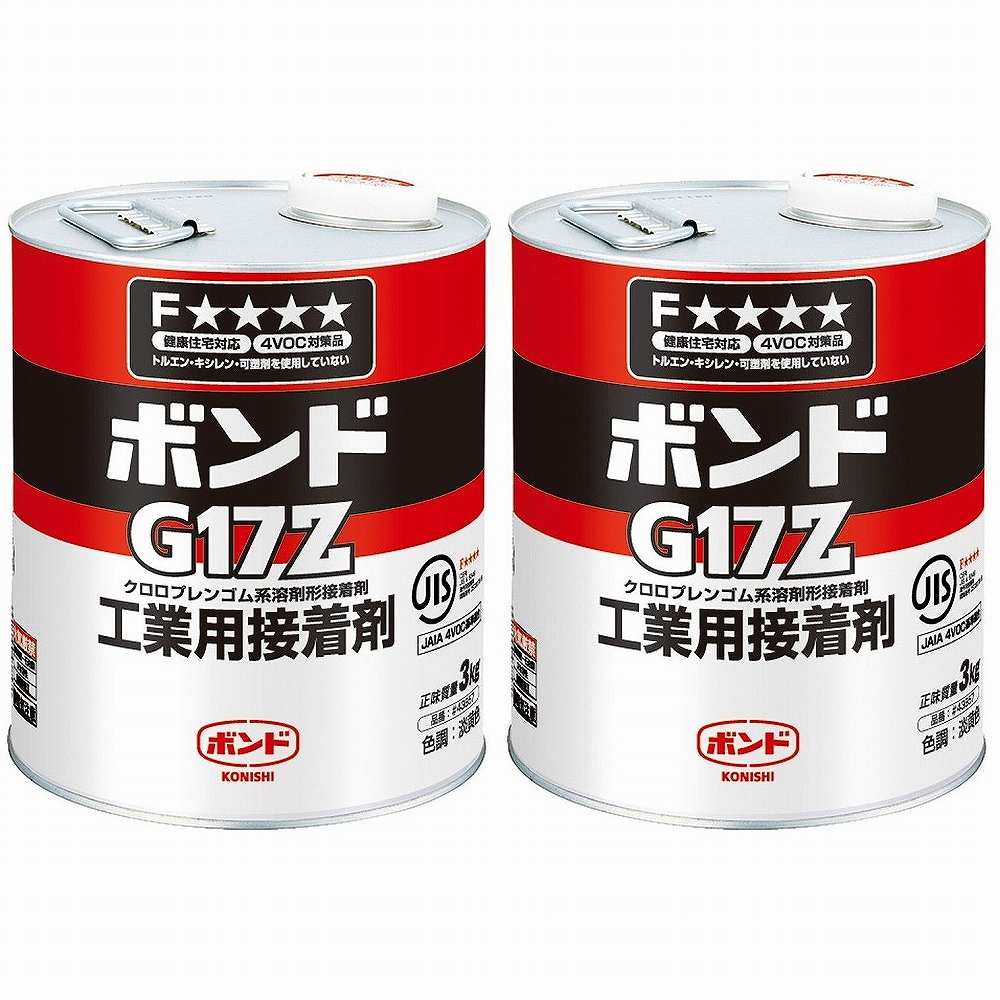 コニシ - ボンド G17Z 缶(3kg) 特長 ●健康住宅対応、速乾、強力、耐衝撃、仮止不要、用途広い。●トルエン・キシレン・可塑剤を使用していない。●合成ゴム・皮革・金属板・布・木・陶磁器・硬質プラスチックの強力接着に。●前記の材料と木...