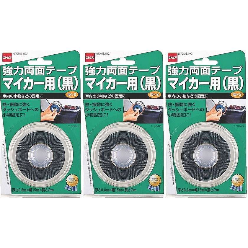 ニトムズ - 強力両面テープ マイカー用 黒(15mm×2m) - T3840 特長 ●熱・振動に強く、ダッシュボードへの小物固定に。 仕様 ●基材：ポリエチレンフォーム●粘着剤：アクリル系粘着剤●はくり紙：紙 ご注意 ●用途以外には使用し...