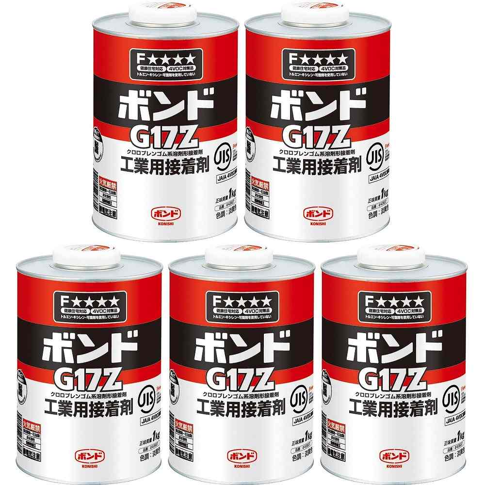 コニシ - ボンド G17Z 缶(1kg) 特長 ●健康住宅対応、速乾、強力、耐衝撃、仮止不要、用途広い。●トルエン・キシレン・可塑剤を使用していない。●合成ゴム・皮革・金属板・布・木・陶磁器・硬質プラスチックの強力接着に。●前記の材料と木...