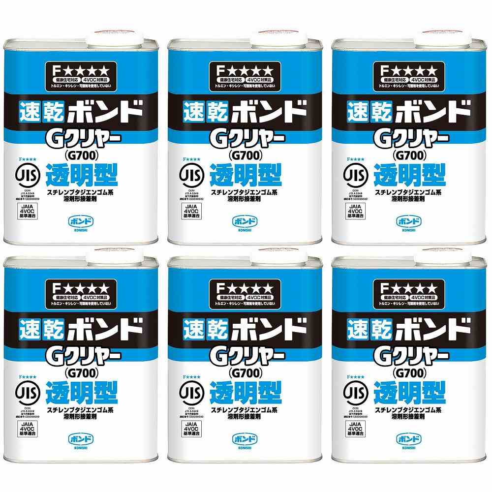 コニシ - ボンド Gクリヤー 缶(1kg) 特長 ●健康住宅対応、透明、速乾、柔軟性、仮止不要、用途広い。●カーペット裏ゴムの接着。●家具やバッグの革貼り。●装飾小物の製作。 仕様 ●成分：SBR系溶剤形 ご注意 ●用途以外には使用しない...