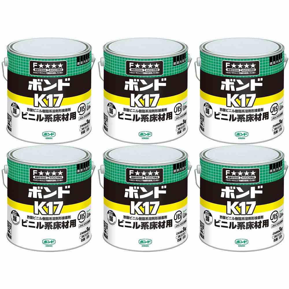 コニシ - ボンド K17 ビニル系床材用 缶(3kg) 特長 ●健康住宅対応、初期粘着大、速乾、塗布性良好。●ビニル床タイル・塩化ビニル樹脂系長尺床材・パーケット・木質フロア材などと、コンクリート・モルタル・合板などとの接着。 仕様 ●成...