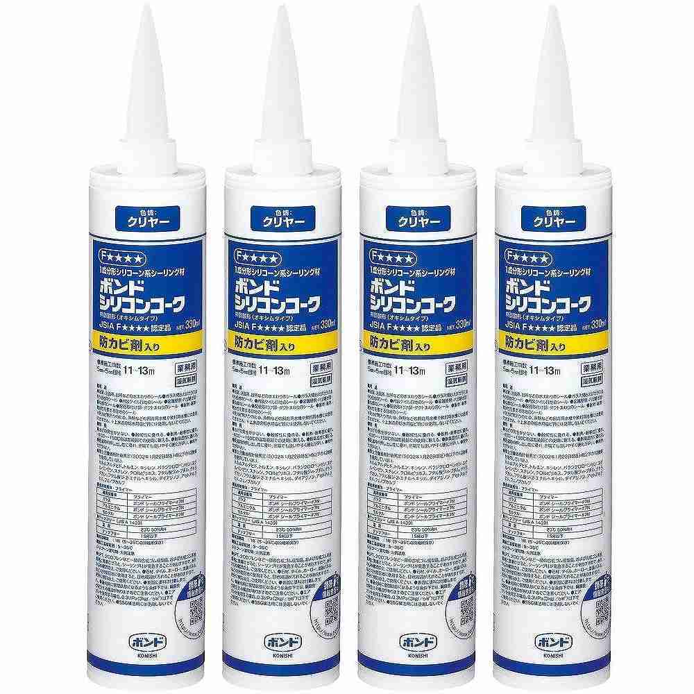 コニシ - ボンド シリコンコーク 防カビ剤入 クリヤー(330ml) 特長 ●防カビ剤入。●弾力性あり。●高耐水性、耐熱性、耐寒性、耐久性、耐候性。●塗装不可。●防カビ剤入りで、とくに水まわりの用途に適している。●建物のガラスやサッシまわ...