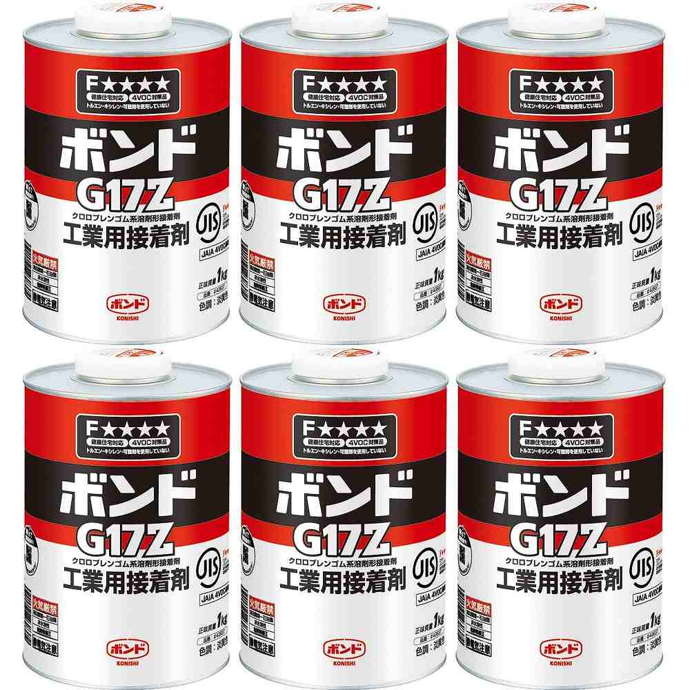 コニシ - ボンド G17Z 缶(1kg) 特長 ●健康住宅対応、速乾、強力、耐衝撃、仮止不要、用途広い。●トルエン・キシレン・可塑剤を使用していない。●合成ゴム・皮革・金属板・布・木・陶磁器・硬質プラスチックの強力接着に。●前記の材料と木...