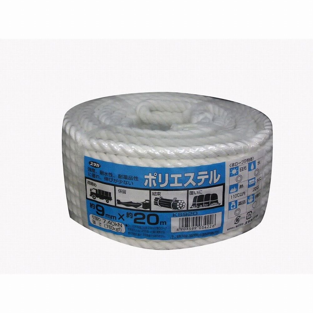 ユタカメイク　ロープ　ポリエステルロープ万能パック　9φ×20mJAN：4903599034226メーカー：（株）ユタカメイク / ブランド：ユタカメイク / 原産国：日本特長●酸・アルカリ・海水などに強く、耐候性に優れ摩擦にも非常に強く、...