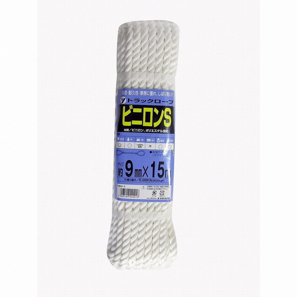 特長●手触りが良く扱いやすい、耐候性、耐久性に優れた強度の強いロープです。用途●トラックの荷締めなど。仕様●色：白●線径(mm)：9●長さ(m)：15●包装形態：バンド掛巻●引張強度(kN)：5.88仕様2●引張強度KN(kgf)：5.88...