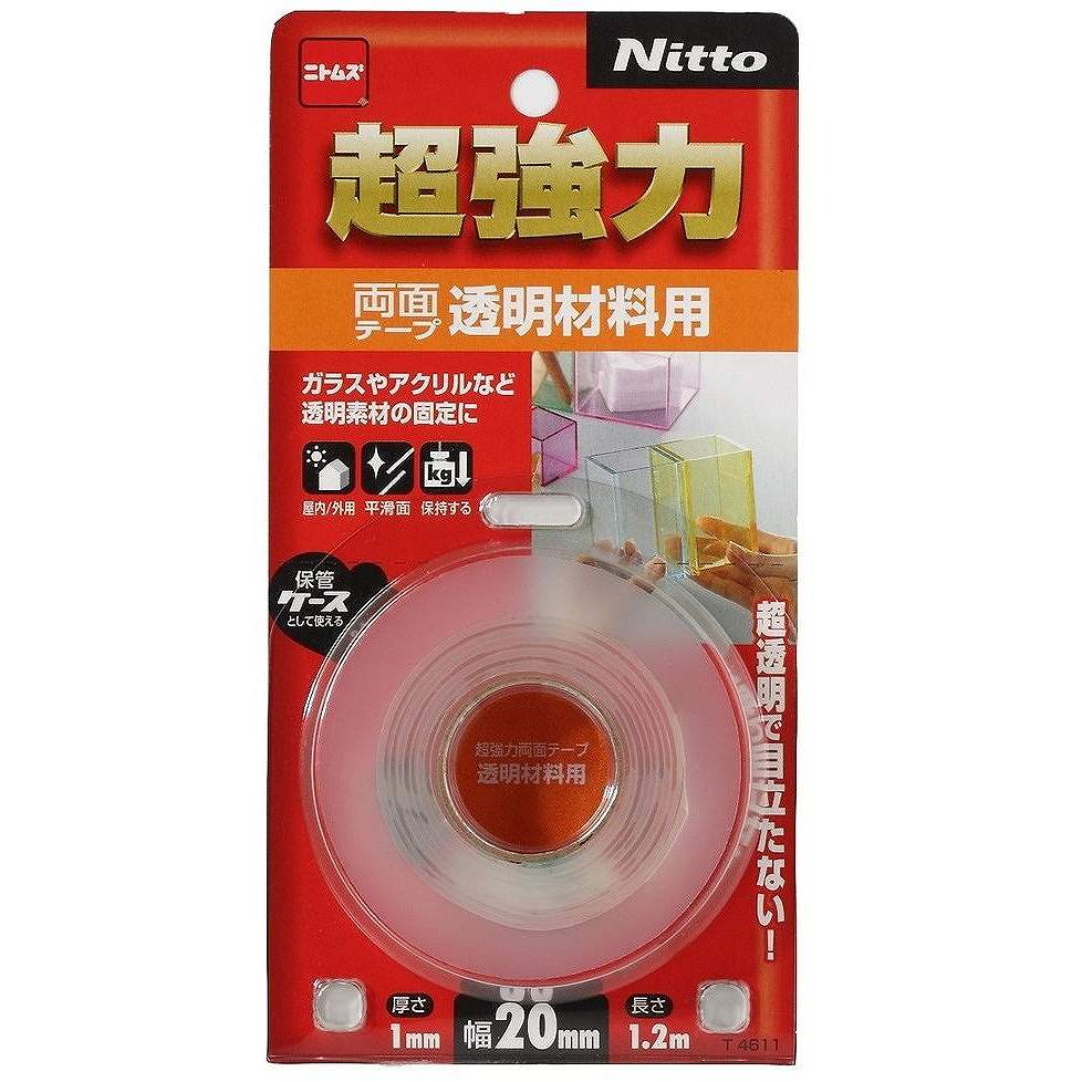 特長●超透明で目立たない基材なので透明素材の接着に最適です。用途●ガラスやアクリルなど透明素材の固定に。仕様●幅(mm)：20●長さ(m)：1.2●厚さ(mm)：1●色：透明仕様2●粘着力：7.56N/10mm材質／仕上●基材：アクリル●粘...