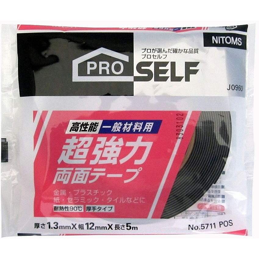 ニトムズ　超強力両面テープ一般材料用12X5JAN：4904140769604メーカー：（株）ニトムズ / ブランド：ニトムズ / 原産国：日本特長●厚手特殊ポリオレフィン系発泡体を基材とし、その両面にアクリル系粘着剤を塗布した超強力両面テ...