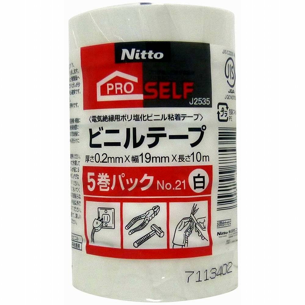 ニトムズ - ビニールテープ No.21 白(19mm×10m) 5巻入 - J2535 特長 ●電気絶縁性に優れ、端末はがれが少なく、配線工事に適します。●電気絶縁性に優れ、施工後も特性がほとんど低下しません。●端末剥がれが少なく、配線工...