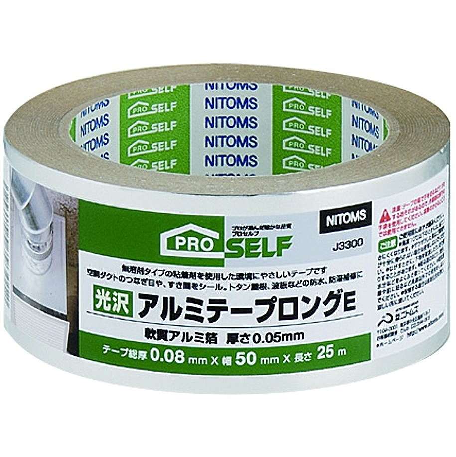 ニトムズ - 光沢アルミテープロングE(0.08mm×50mm×25m) - J3300 特長 ●仕上がりきれいな光沢アルミ素材。●凹凸曲面にもピッタリフィット。●野外でも使用可能。金属屋根、外壁などの防水に・補修・空調ダクトの補修に。 仕...
