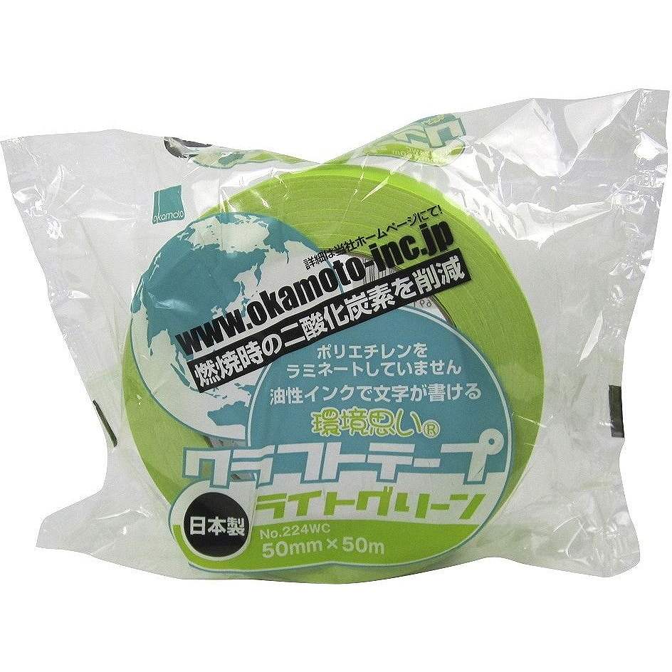 okamoto　クラフトテープ環境思いカラーライトグリーン JAN：4547691706836 メーカー：オカモト（株）粘着製品部 / ブランド：okamoto / 原産国：日本 特長 ●古紙を配合したエコロジー紙管を採用しています。●燃焼...