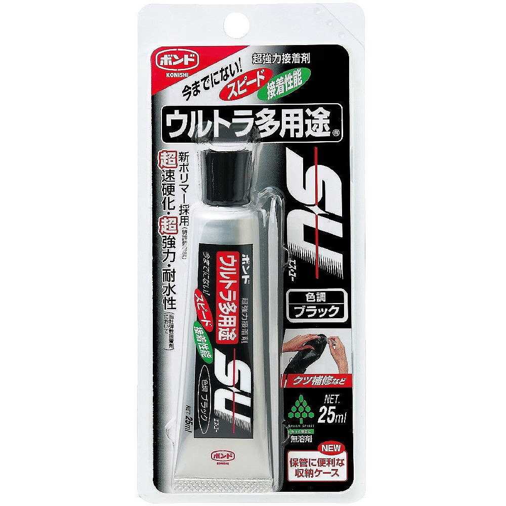 コニシ　ボンドウルトラ多用途SU　25ml　黒 JAN：4901490047246 メーカー：コニシ（株） / ブランド：コニシ / 原産国：日本 特長 ●超速硬化・強力・耐久性に優れています。●無溶剤タイプです。●日本接着剤工業会 JAI...