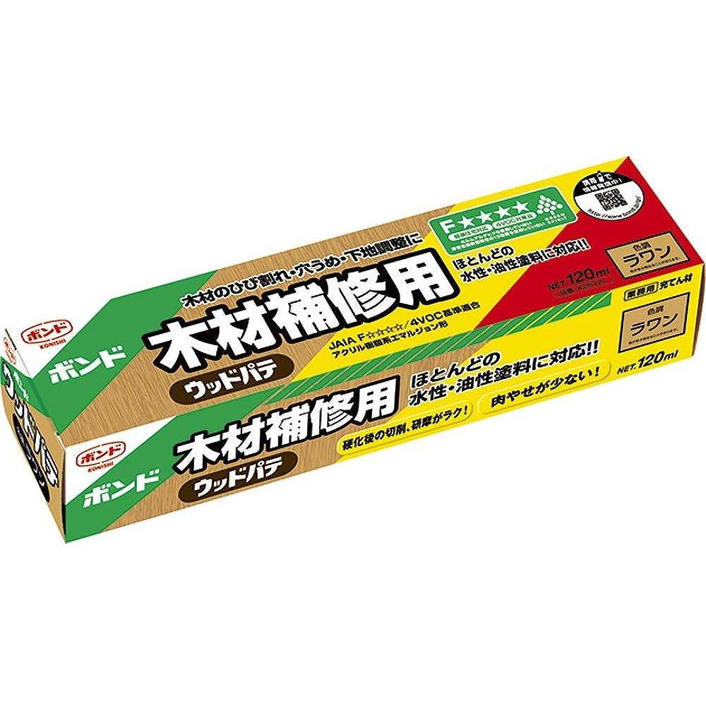 コニシ　ウッドパテ　ラワン　120ml　＃25721　紅白JAN：4901490257218メーカー：コニシ（株） / ブランド：コニシ / 原産国：日本特長●乾いてもへこみが少なく、仕上がりがきれいです。●乾燥固化後の切削、研磨、ねじ、釘...