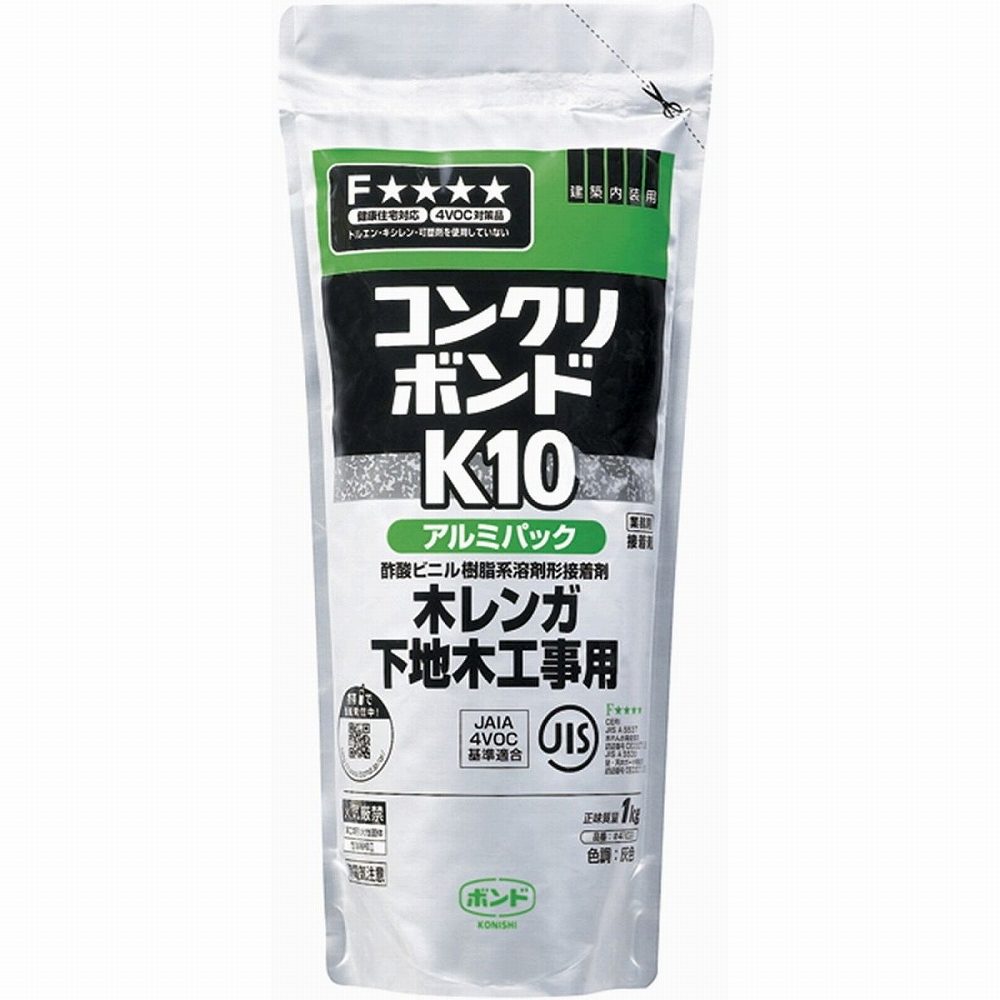 コニシ - ボンド コンクリボンドK10(1kg) 特長 ●健康住宅対応、釘不要、高粘度、初期接着強、発泡スチロールOK。●コンクリート・スレートと発泡スチロール、木レンガ、木、タイル、各種ボードの接着。●モルタル・コンクリートと木レンガ、...