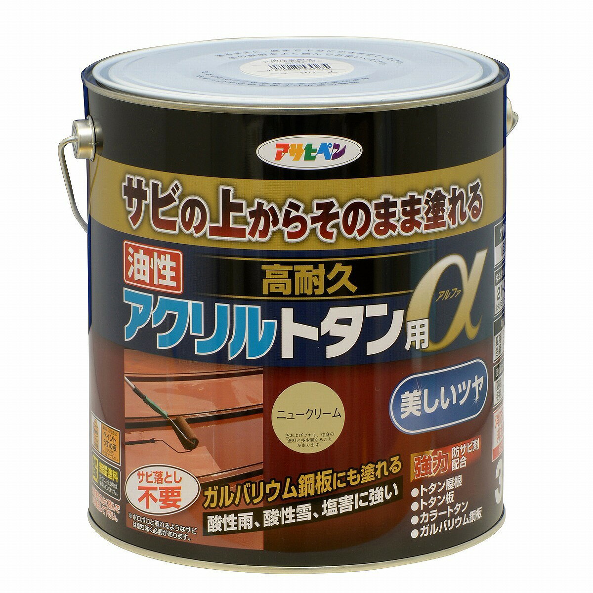 特長●サビの上から直接塗れる、トタン用の高光沢塗料です。● 1回塗りで仕上がりますので作業性が抜群です。● 特殊強力防サビ剤がサビの進行を抑え、長期間素材をサビから保護します。● 特殊アクリル樹脂の採用で耐候性が抜群です。● 密着力が強く、...