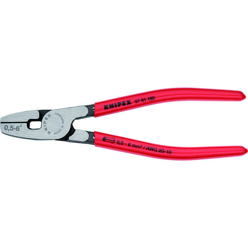 KNIPEX　9781−180　エンドスリーブ用圧着ペンチ　全長180mmJAN：4003773019794メーカー：KNIPEX社 / ブランド：KNIPEX / 原産国：ドイツ特長●前面からスリーブを挿入でき、手の届きにくい箇所、例えば...